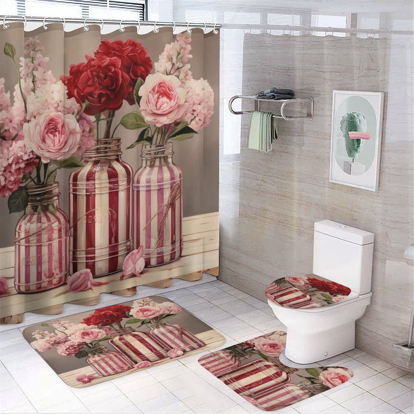 4 Pcs Shower Curtain Sets Mason Jars With Flowers with Non-Slip Rugs ...