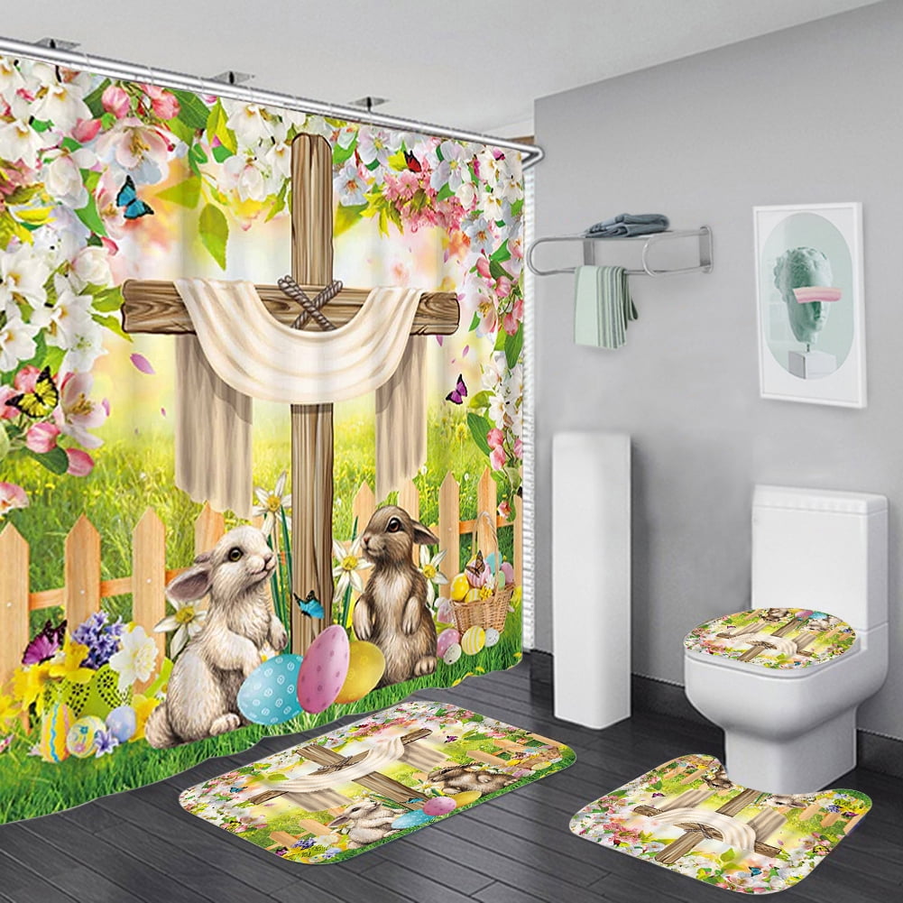 4 Pcs Shower Curtain Sets with Non-Slip Rugs,Toilet Lid Cover and Bath ...