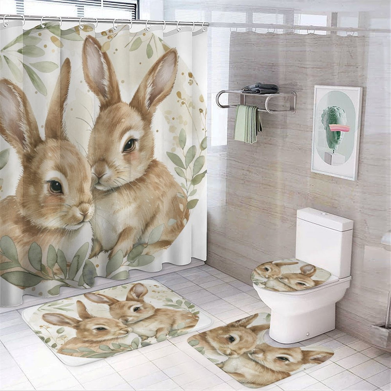 4 Pcs Shower Curtain Sets Non-Slip Rugs And Toilet Mat Lid Rug ...
