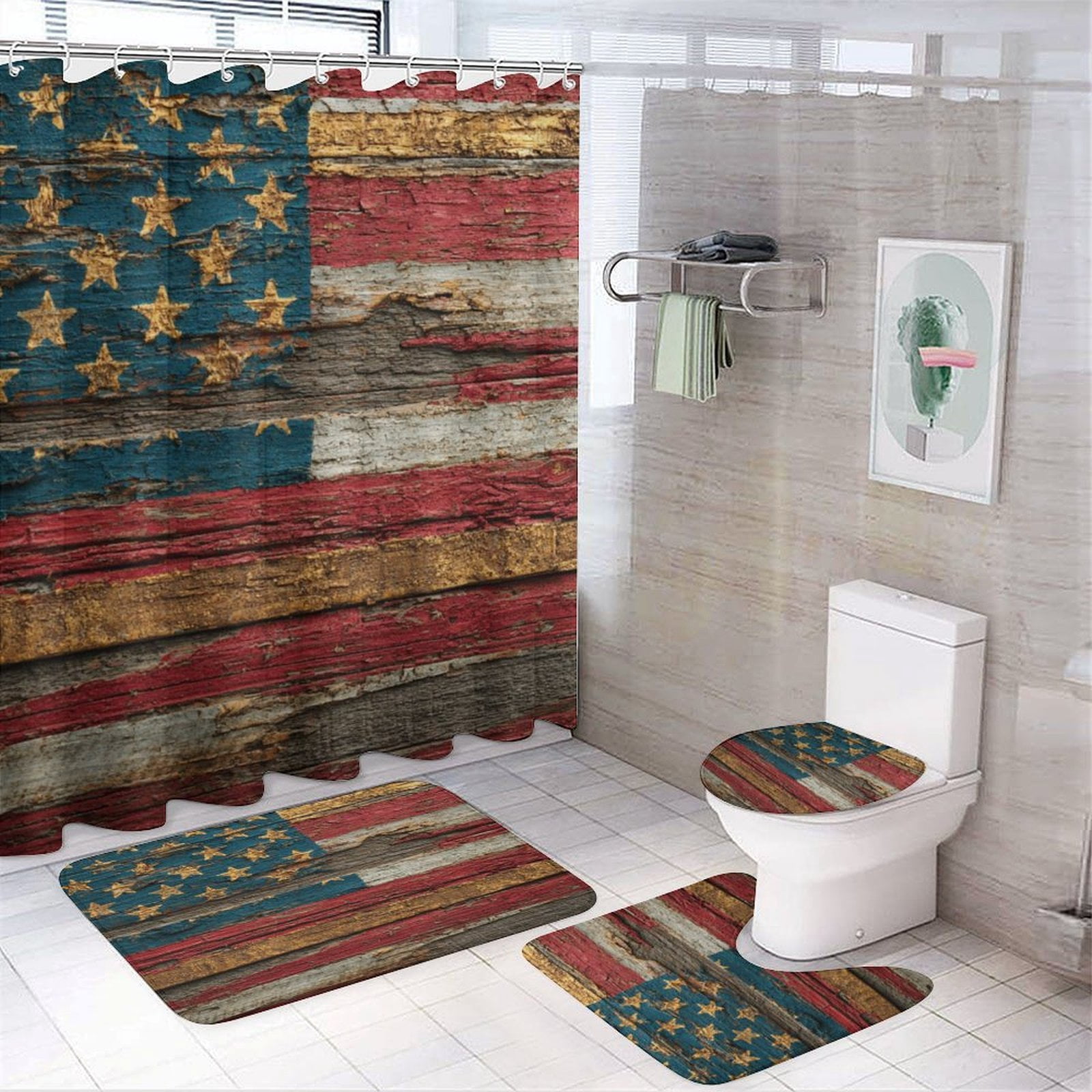 4 Pcs Shower Curtain Sets with Rugs Include Waterproof Shower Curtain ...