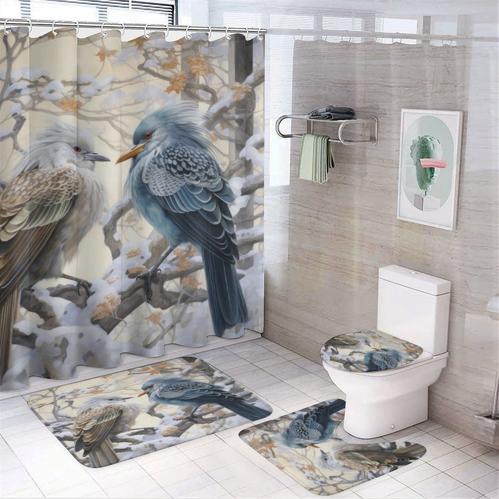 4 Pcs Shower Curtain Sets Two Birds Standing Together in The Snow Bath ...