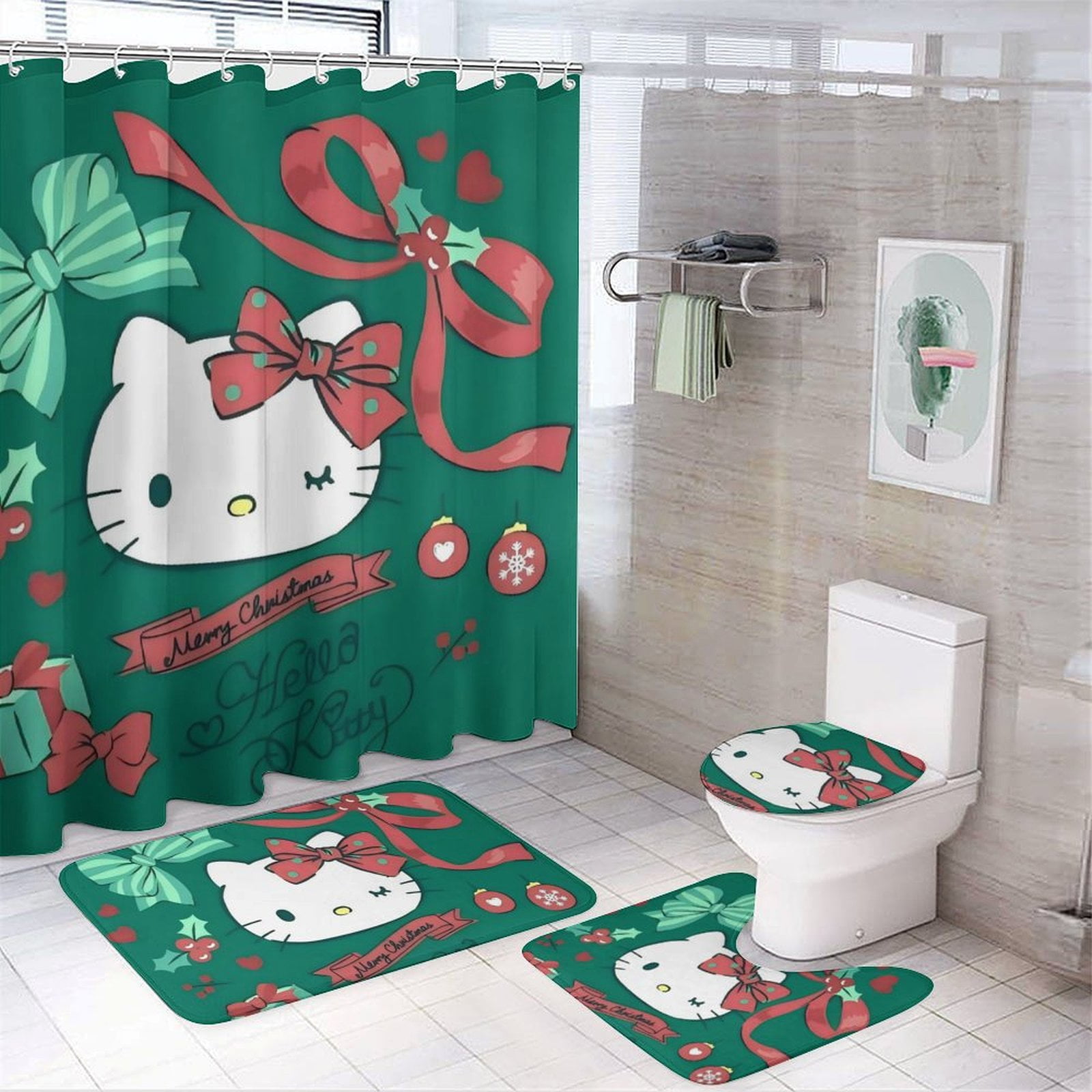 4 Pcs Shower Curtain Sets with Non-Slip Rugs, Toilet Lid Cover And Bath ...