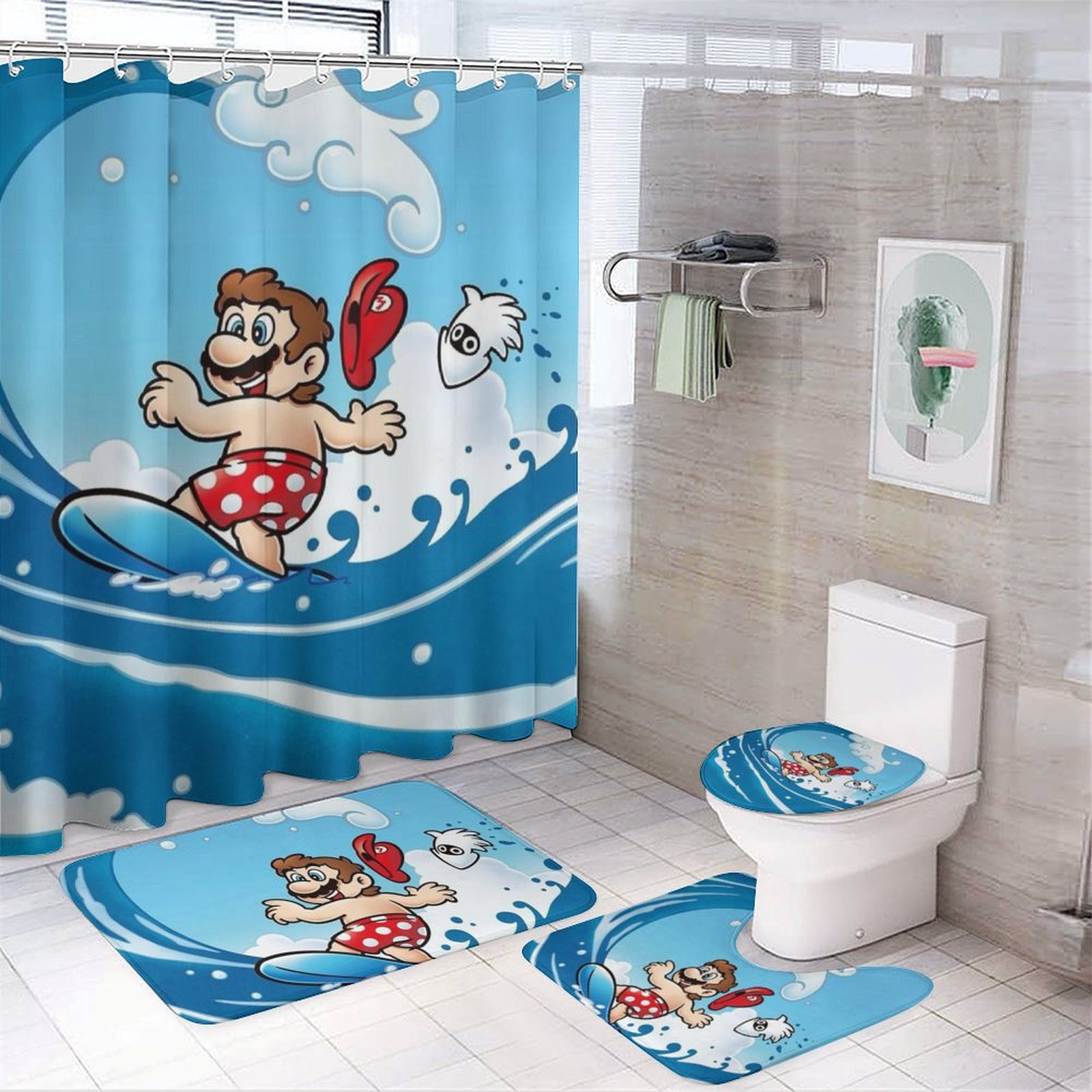 4 Pcs Shower Curtain Sets with Non-Slip Rugs, Toilet Lid Cover And Bath ...
