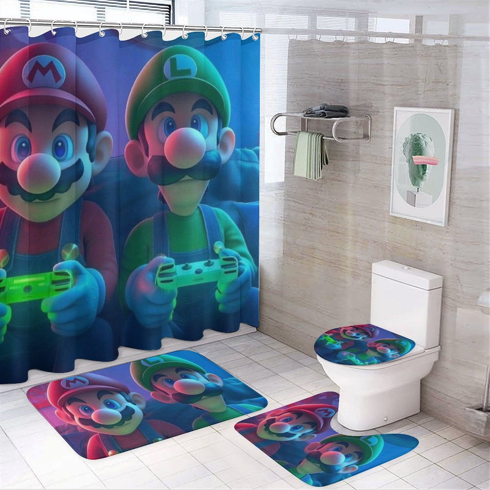 4 Pcs Shower Curtain Sets with Non-Slip Rugs, Toilet Lid Cover And Bath ...