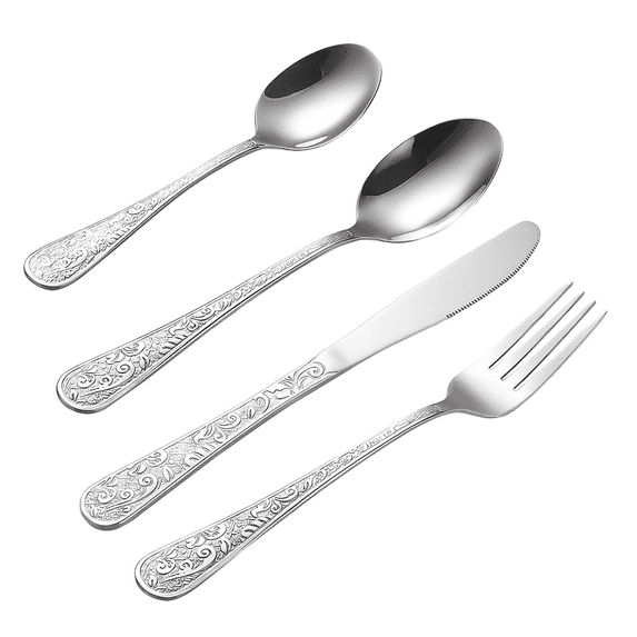 4 Pcs Silverware Set, Carved Stainless Steel Flatware Set, Including ...