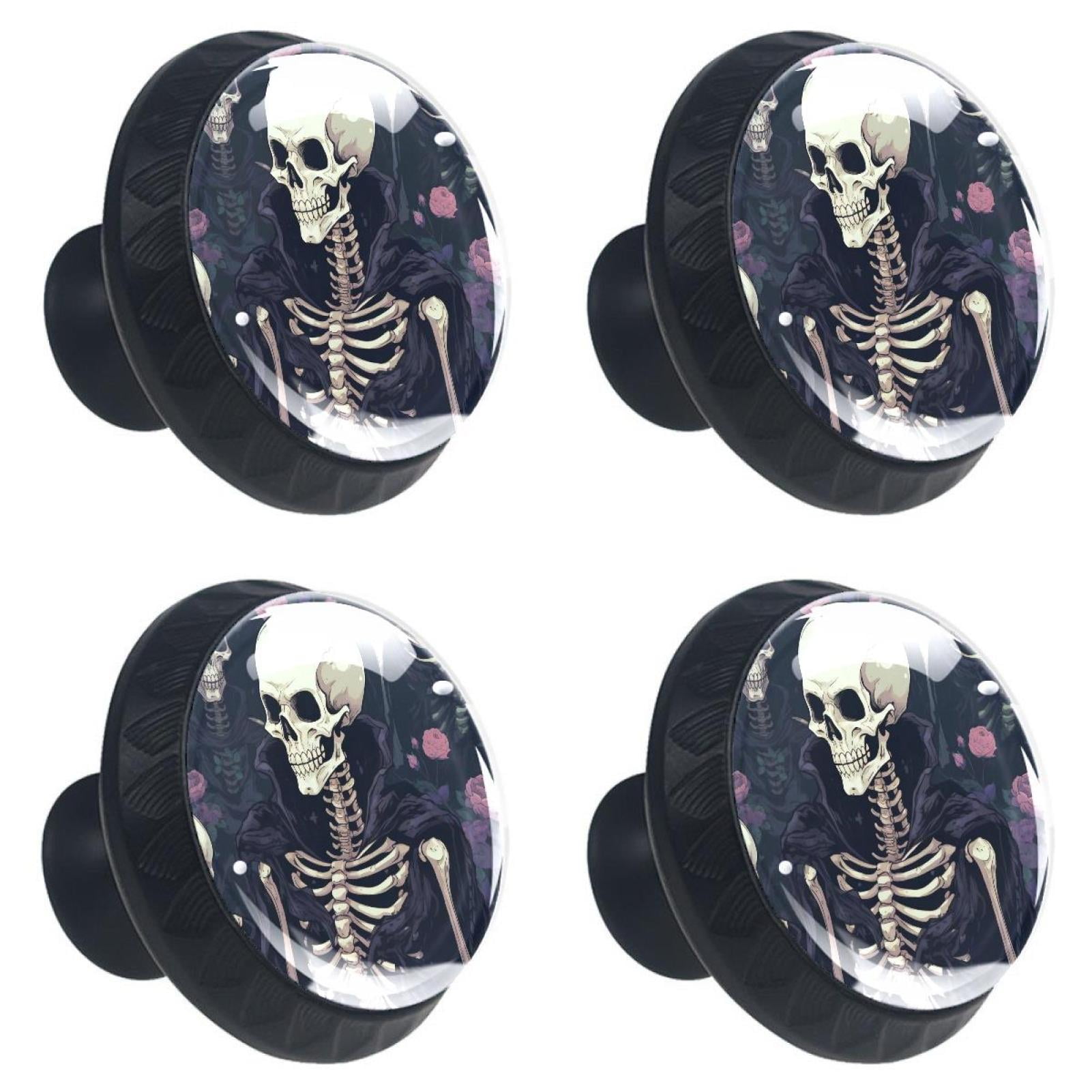 4 Pcs Skull Skeleton with Flowers Print Cabinet Knobs 30mm Round ...