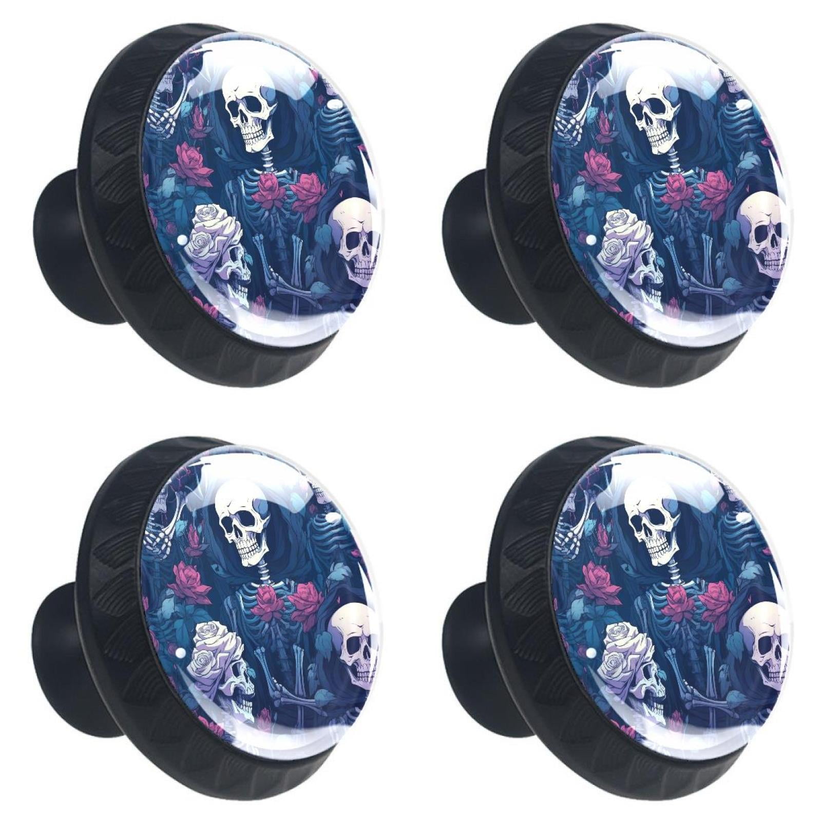 4 Pcs Skull Skeleton Print Cabinet Knobs 30mm Round Crystal Glass ...