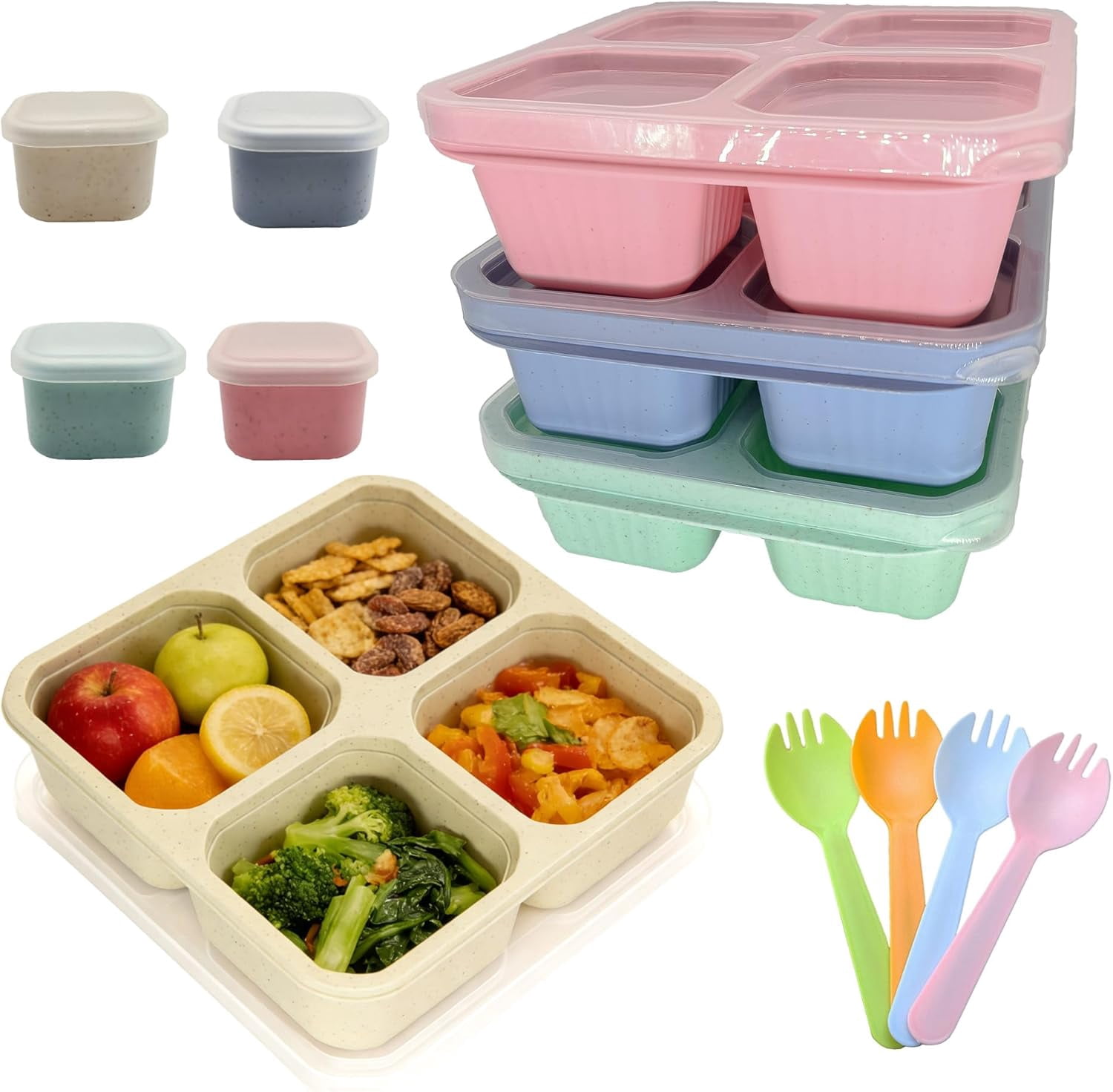 4 Pcs Snack Box Containers Set, Reusable 4 Compartment Lunchable ...