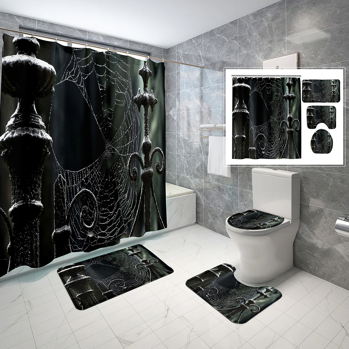 4 Pcs Spider Web Shower Curtain Sets with Non-Slip Rugs Mat Toilet Lid ...