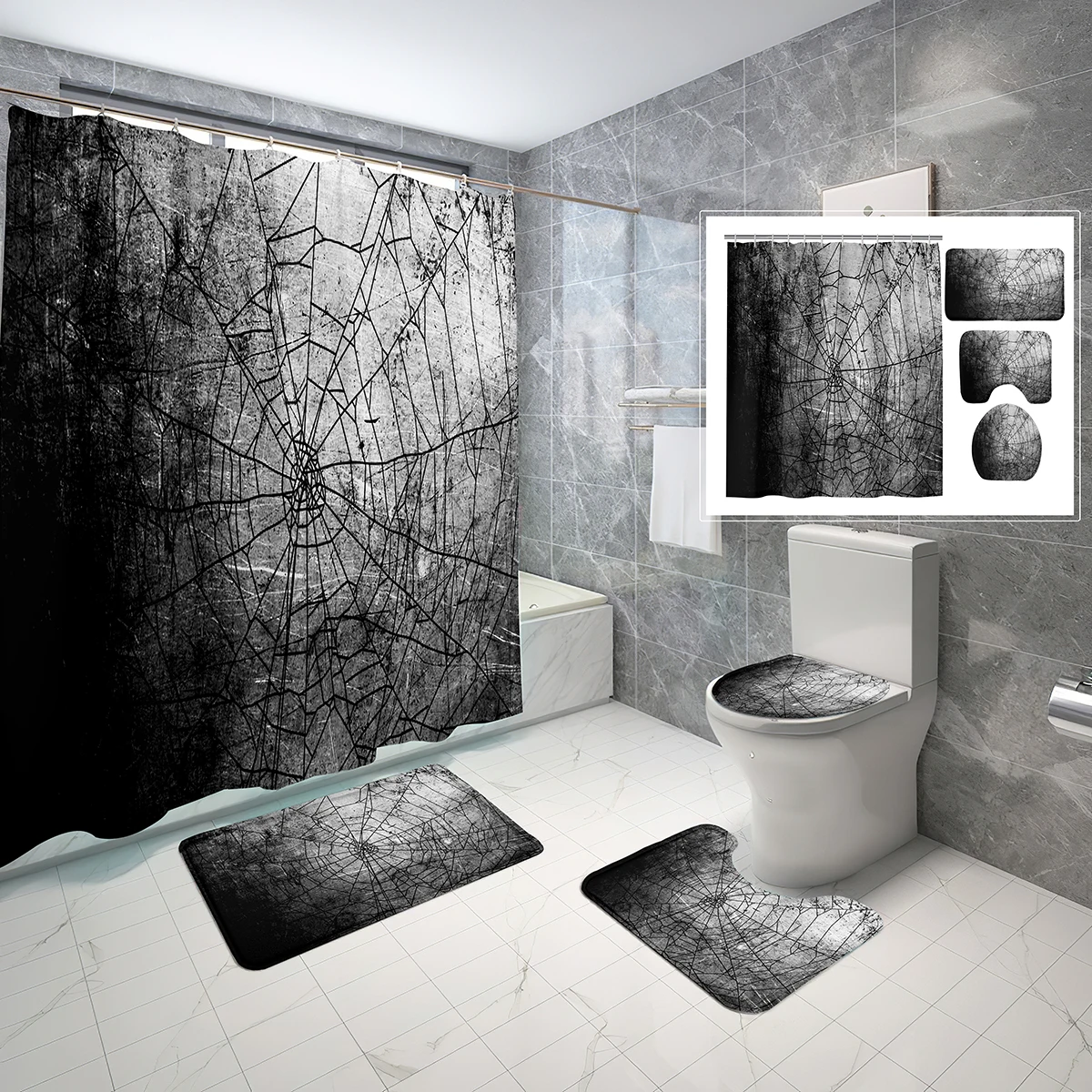 4 Pcs Spider Web Shower Curtain Sets with Non-Slip Rugs Mat Toilet Lid ...