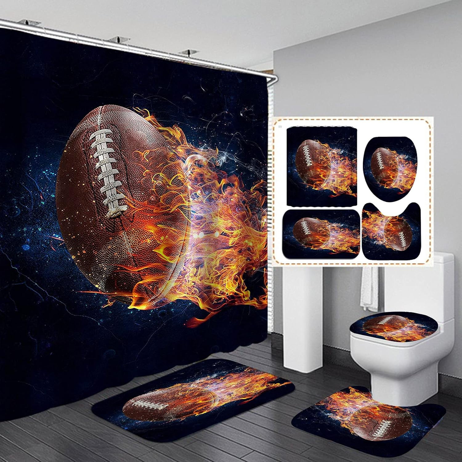 4 Pcs Sports Shower Curtain, Football on Fire and Water Flame Splashing ...