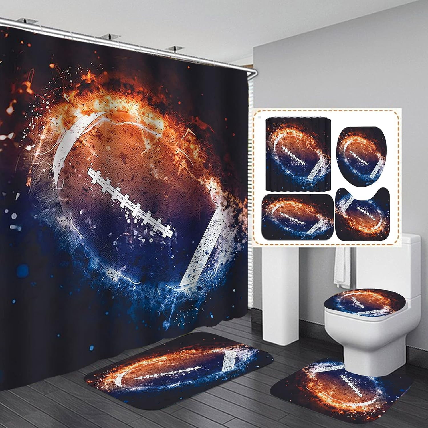 4 Pcs Sports Shower Curtain, Football on Fire and Water Flame Splashing ...