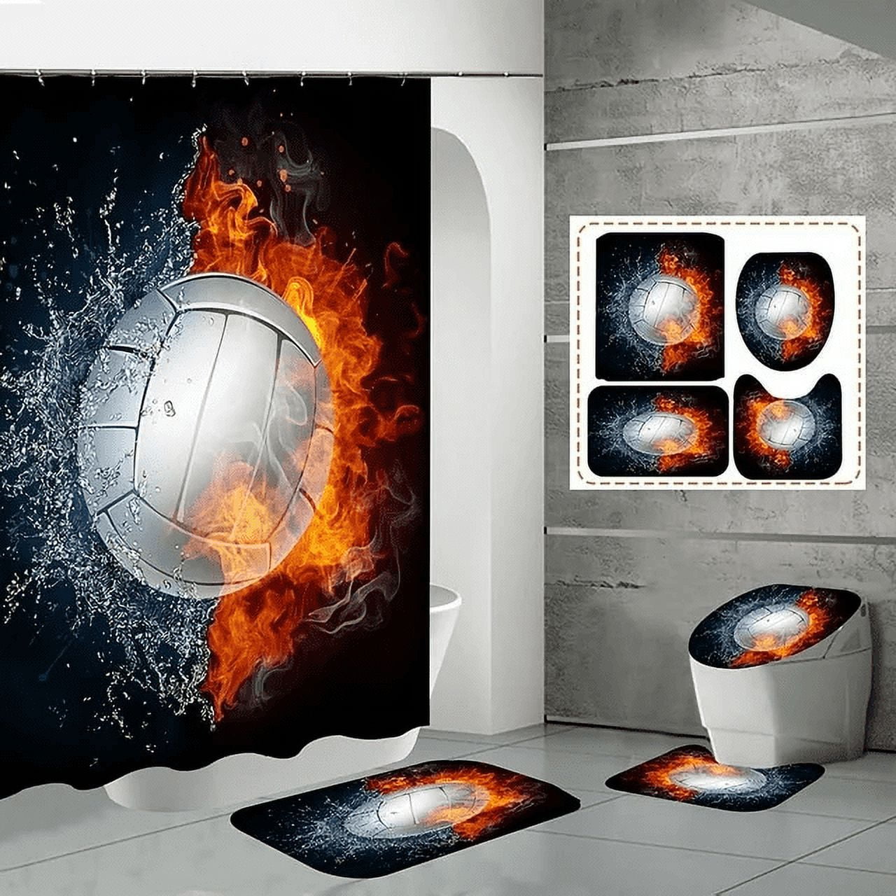 4 Pcs Sports Shower Curtain, Football on Fire and Water Flame Splashing ...