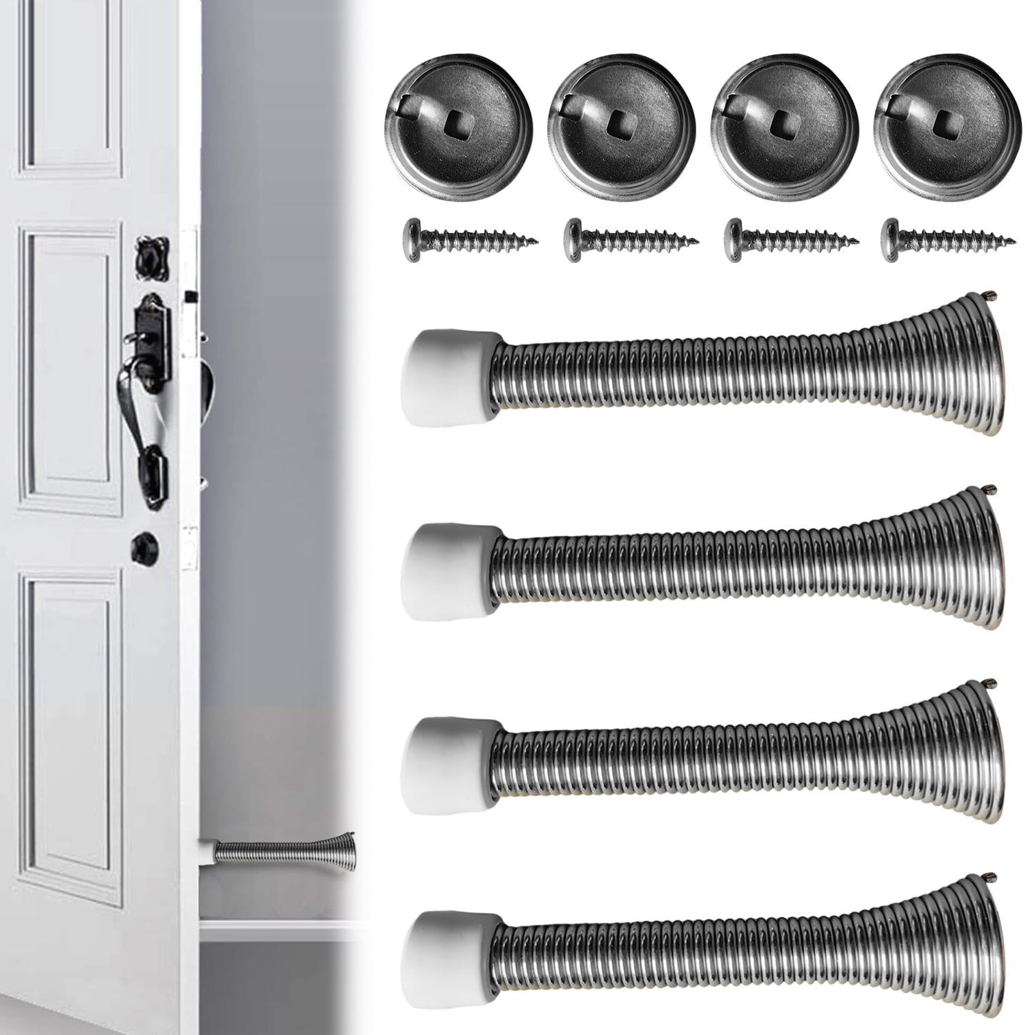 4 Pcs Spring Door Stop, Wall Mounted Chrome Spring Door Stop Sprung ...