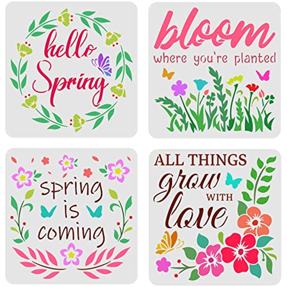 4 Pcs Spring Stencil for Painting Reusable Hello Spring Drawing ...