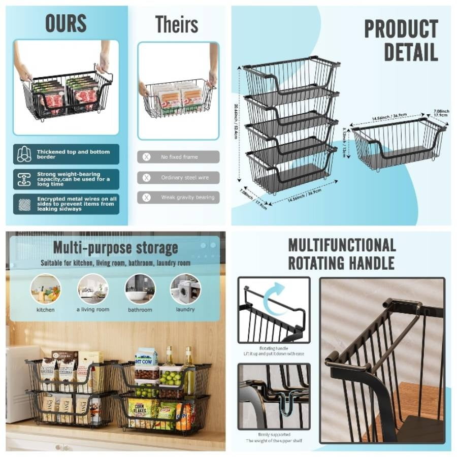 4 Pcs Stackable Wire Baskets Pantry Organizers and Storage, Vegetable ...