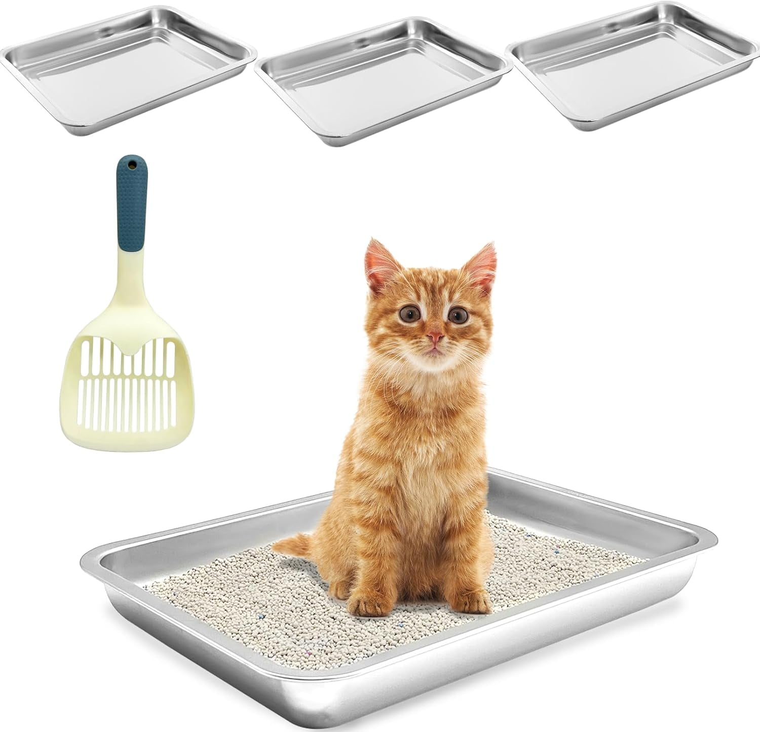 4 Pcs Stainless Steel Litter Pan Low Entry Cat Litter Box Shallow Metal ...