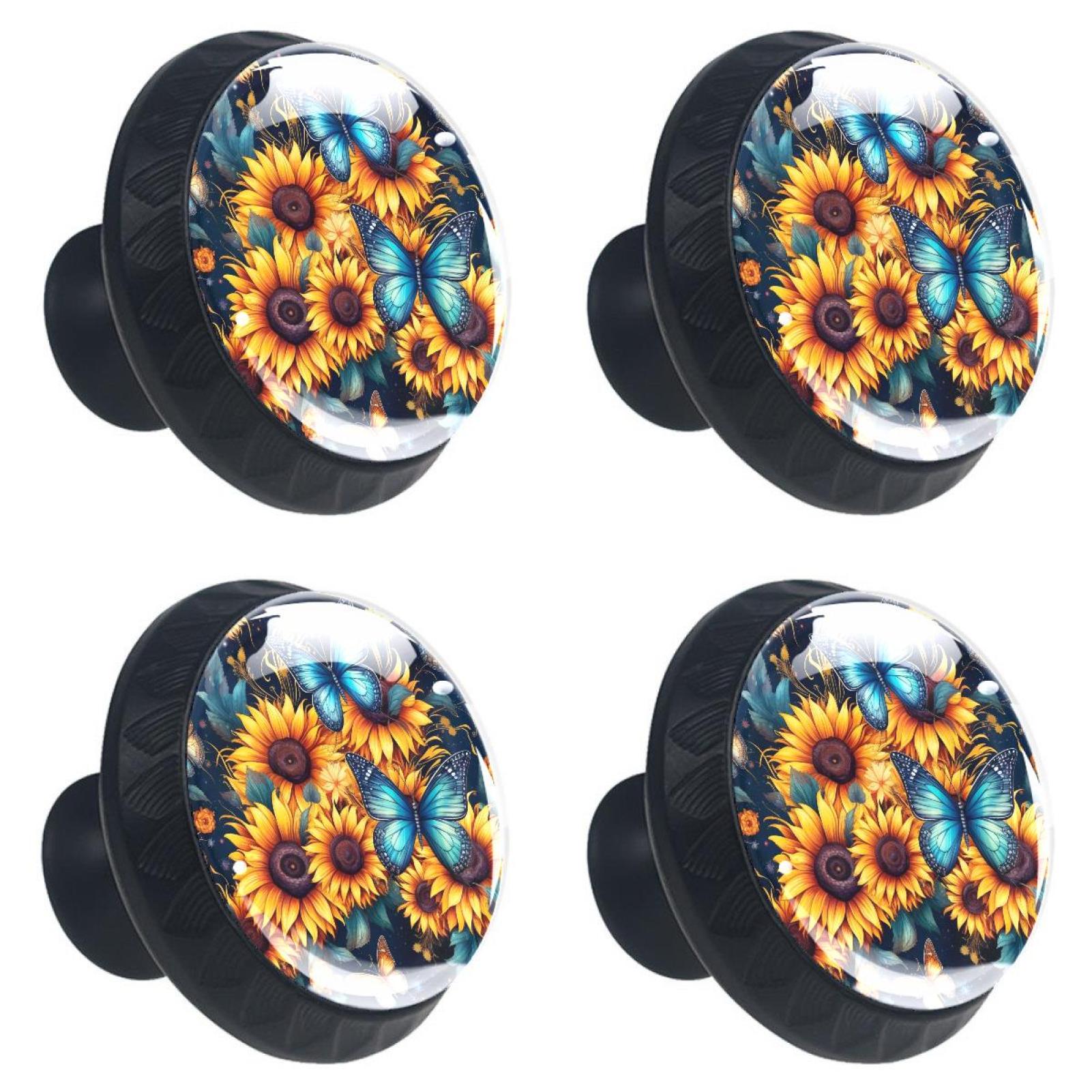 4 Pcs Starry Sky Sunflower Butterfly Print Cabinet Knobs 30mm Round Crystal Glass Drawer Handles ...