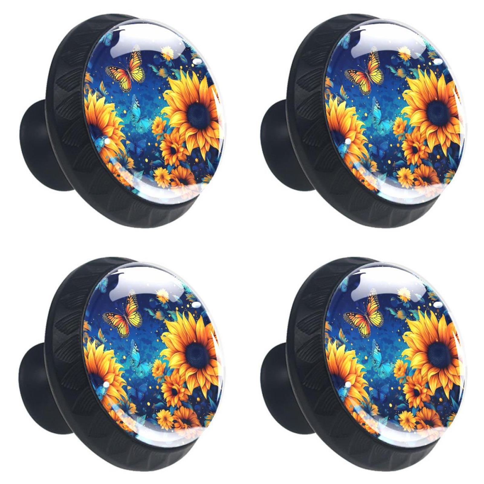 4 Pcs Starry Sky Sunflower Butterfly Print Cabinet Knobs 30mm Round Crystal Glass Drawer Handles ...