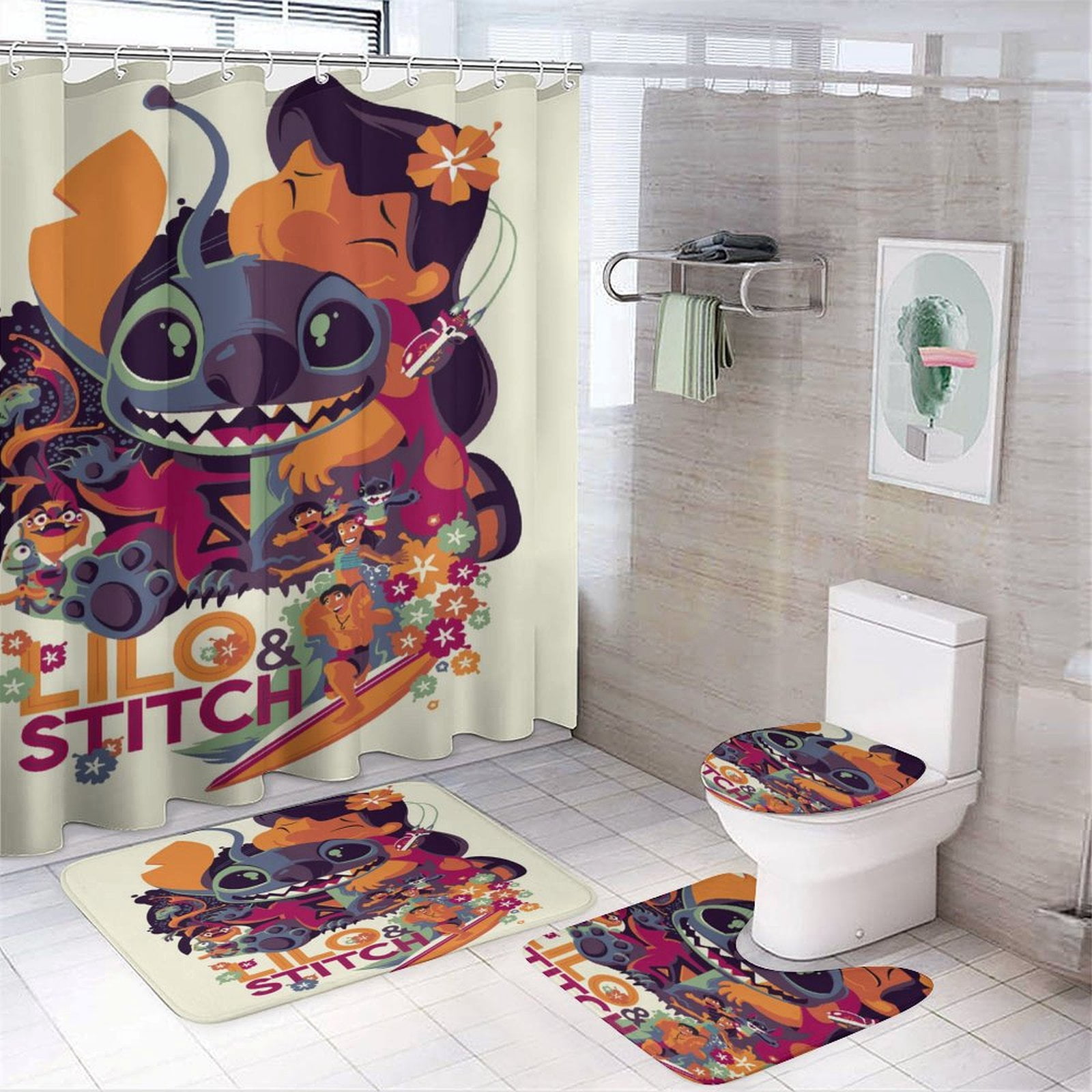 4 Pcs Stitch Bathroom Set with Shower Curtain with Non-Slip Rugs ...