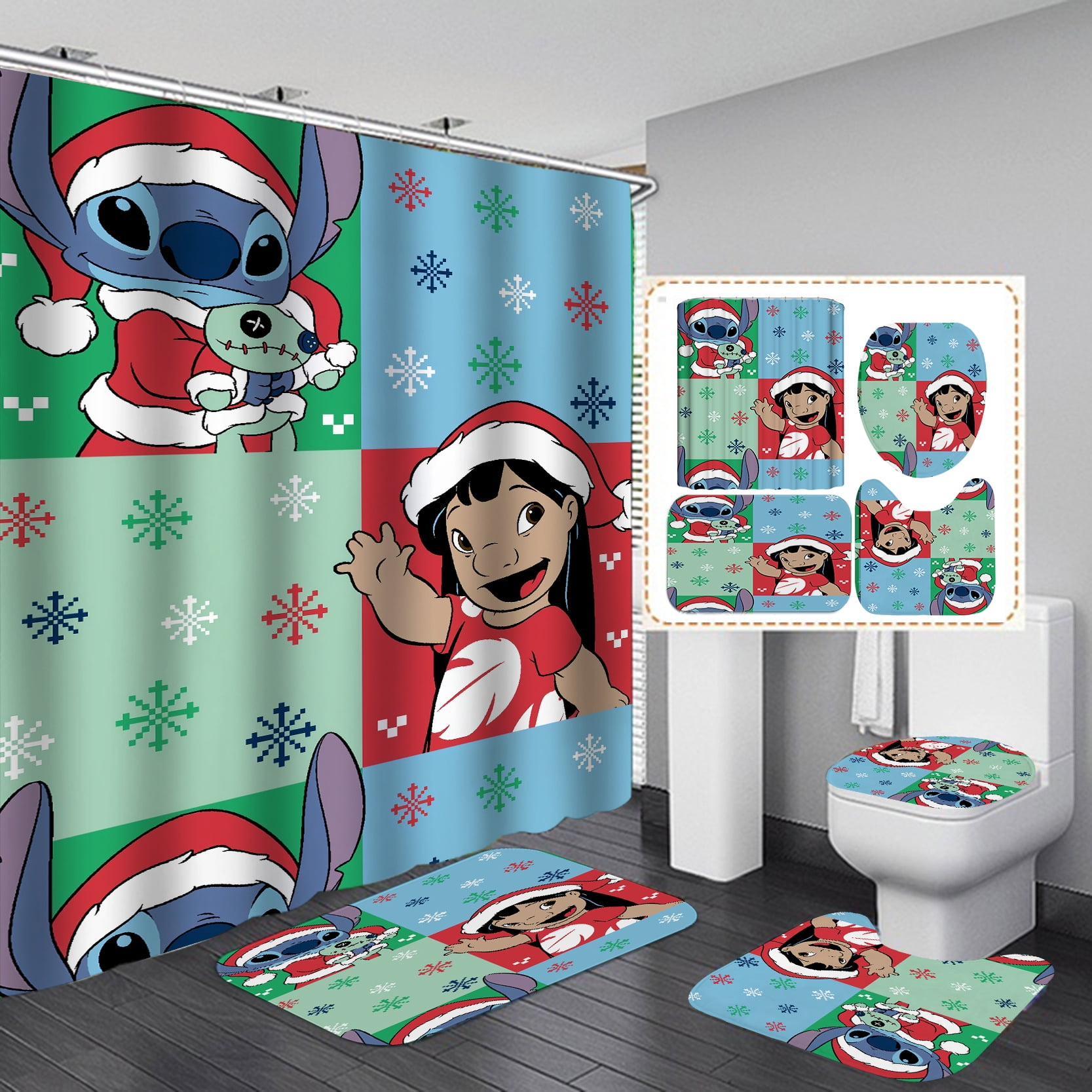 4 Pcs Stitch Shower Curtain Set with Non-Slip Rugs, Stitch Toilet Lid ...
