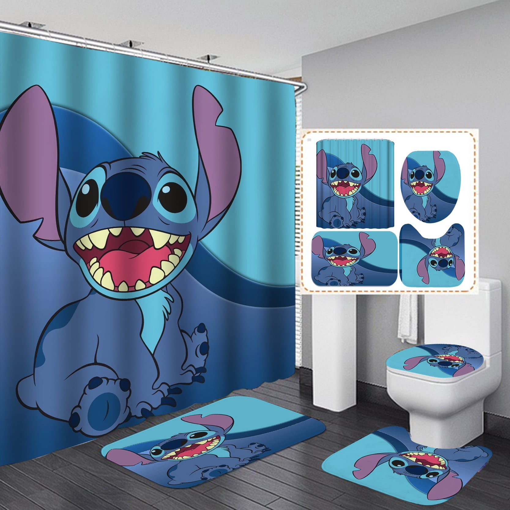 4 Pcs Stitch Shower Curtain Set with Non-Slip Rugs, Stitch Toilet Lid ...