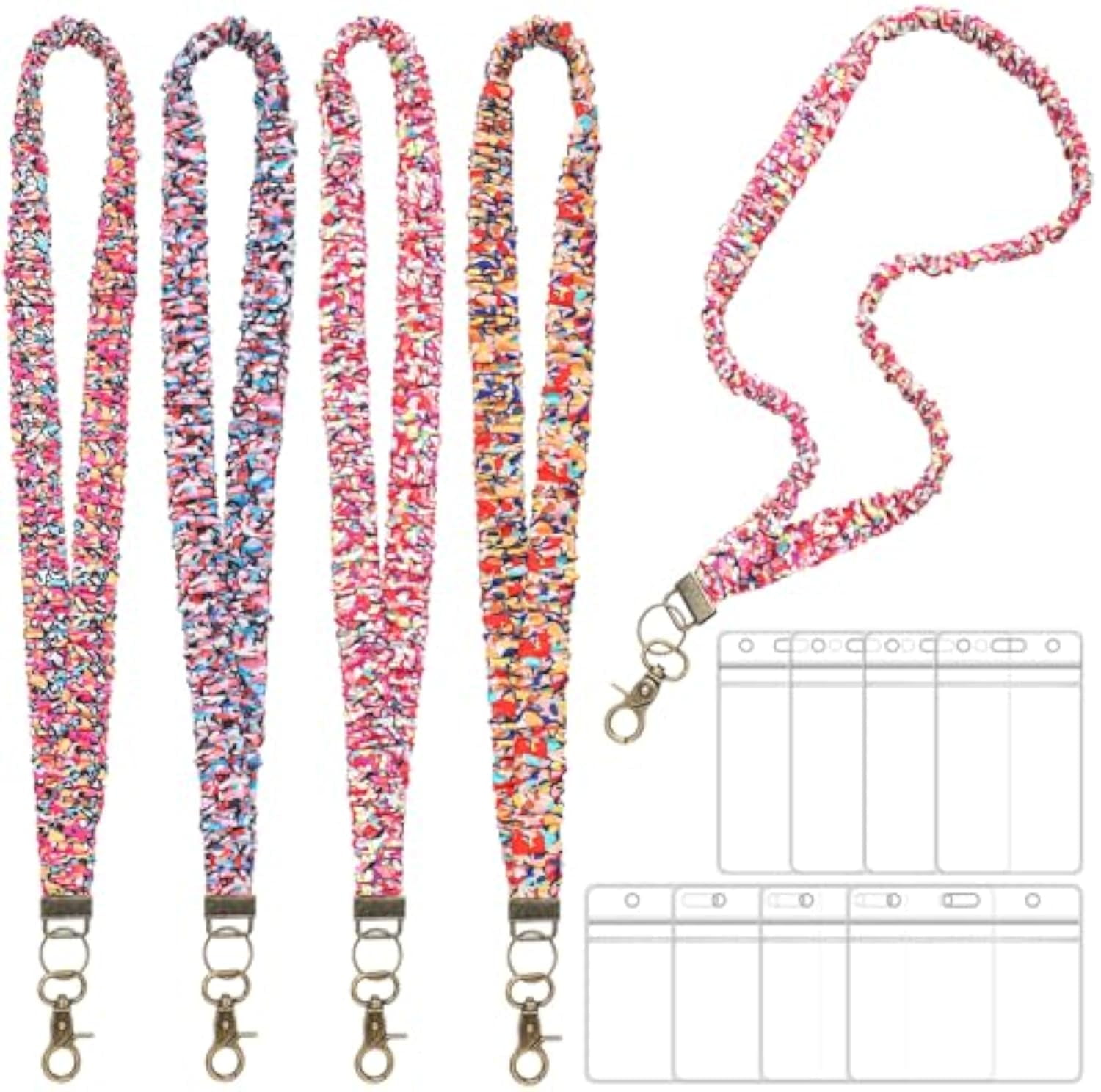 4 Pcs Stretchy Scrunchie Lanyards with 8 ID Holder for ID Badges and ...