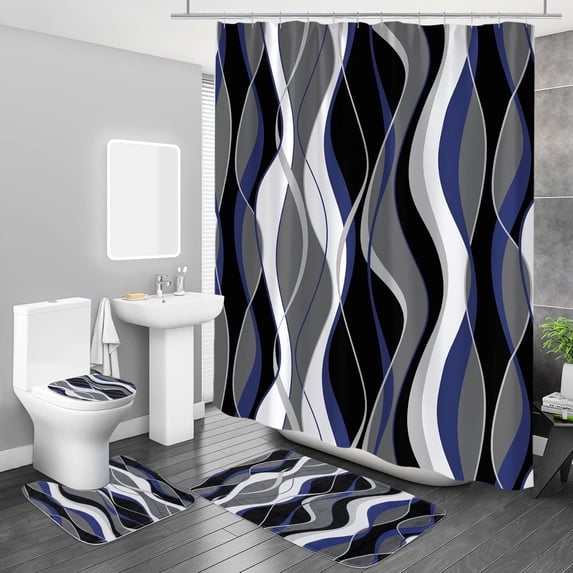 4 Pcs Striped Shower Curtain Sets with Rugs for Bathroom Decor, Grey ...