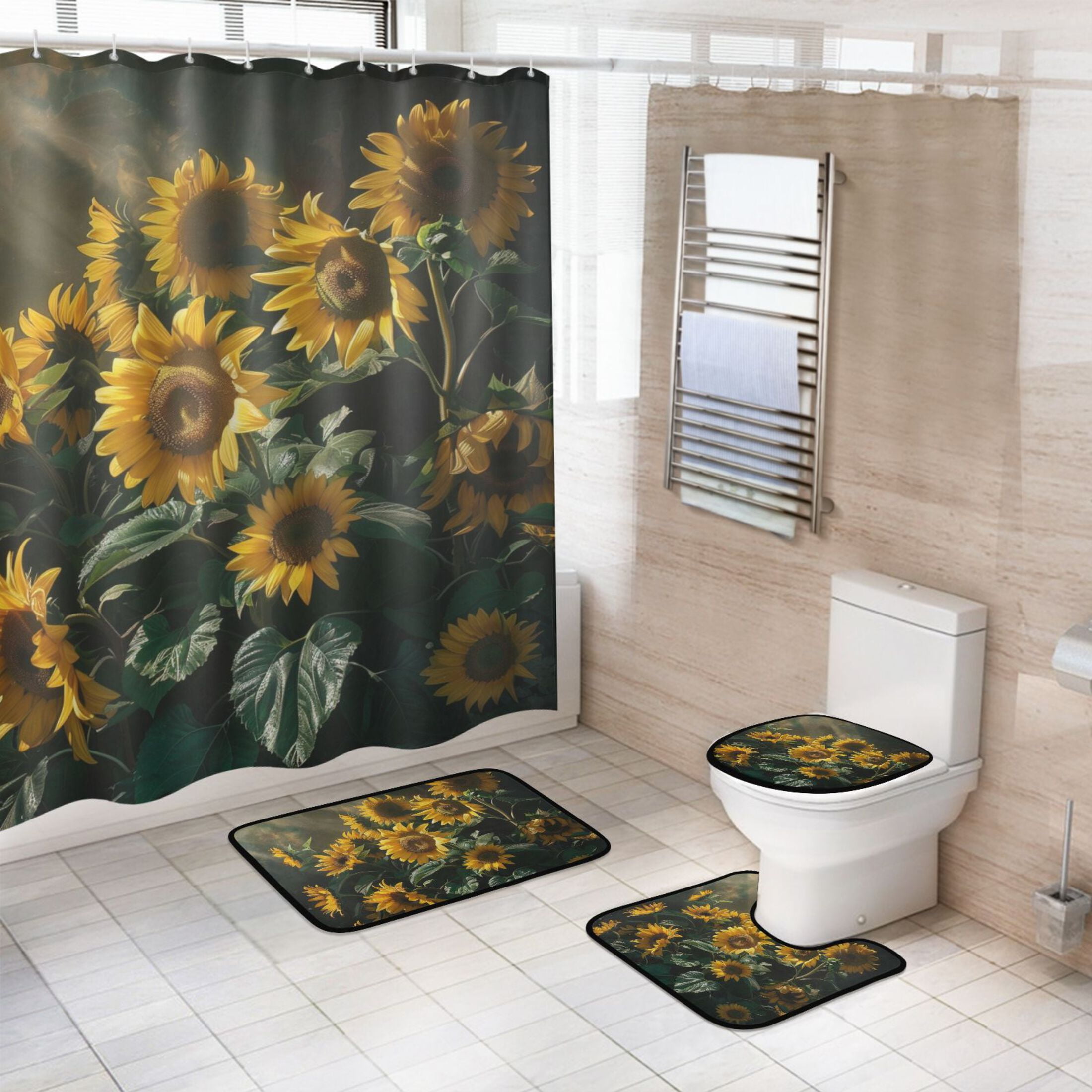4 Pcs Sunflowers and Leaves Bathroom Shower Curtain Set with 12 Hooks ...
