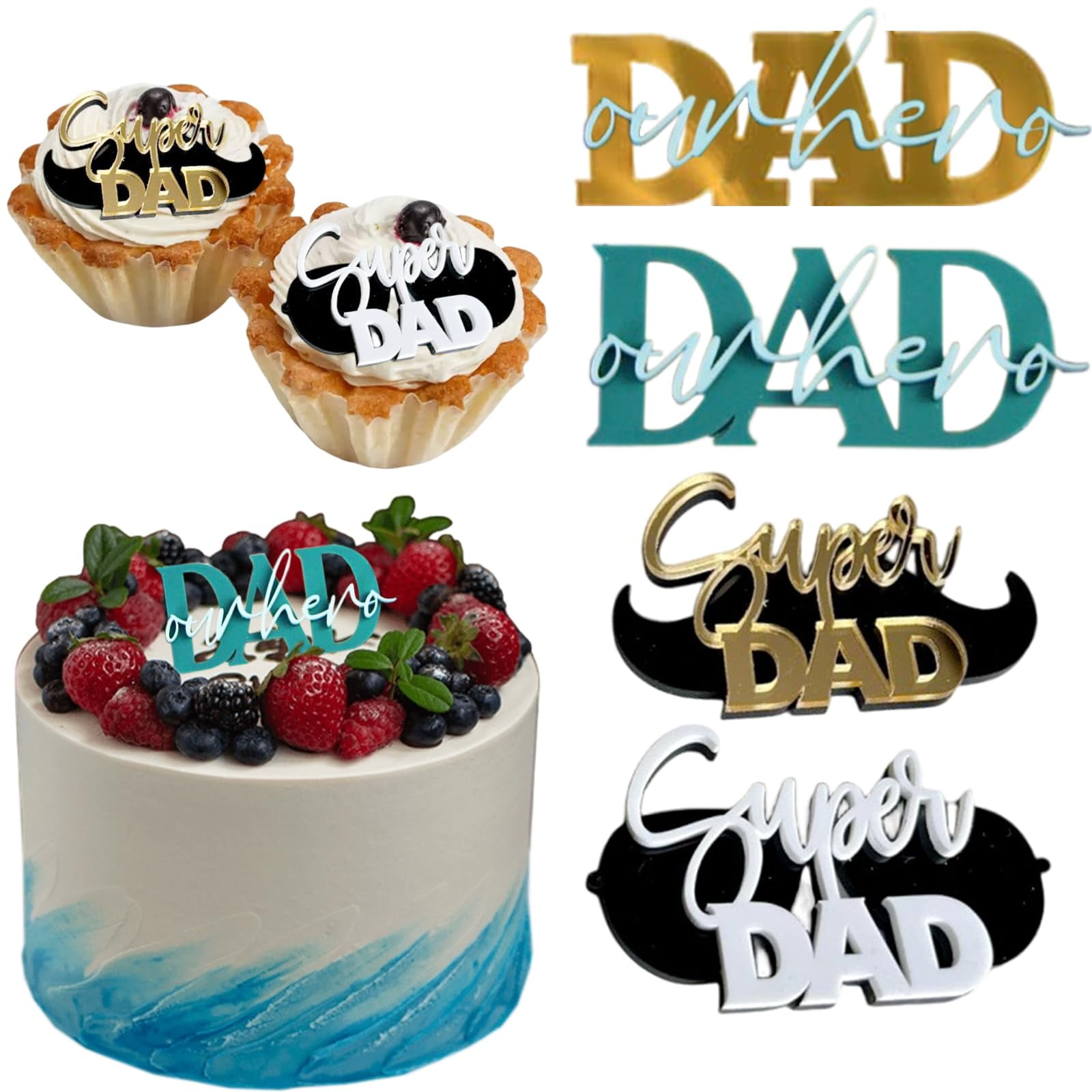 4 Pcs Super Dad Happy Birthday Cupcake MDH1Toppers Men Happy Father's ...