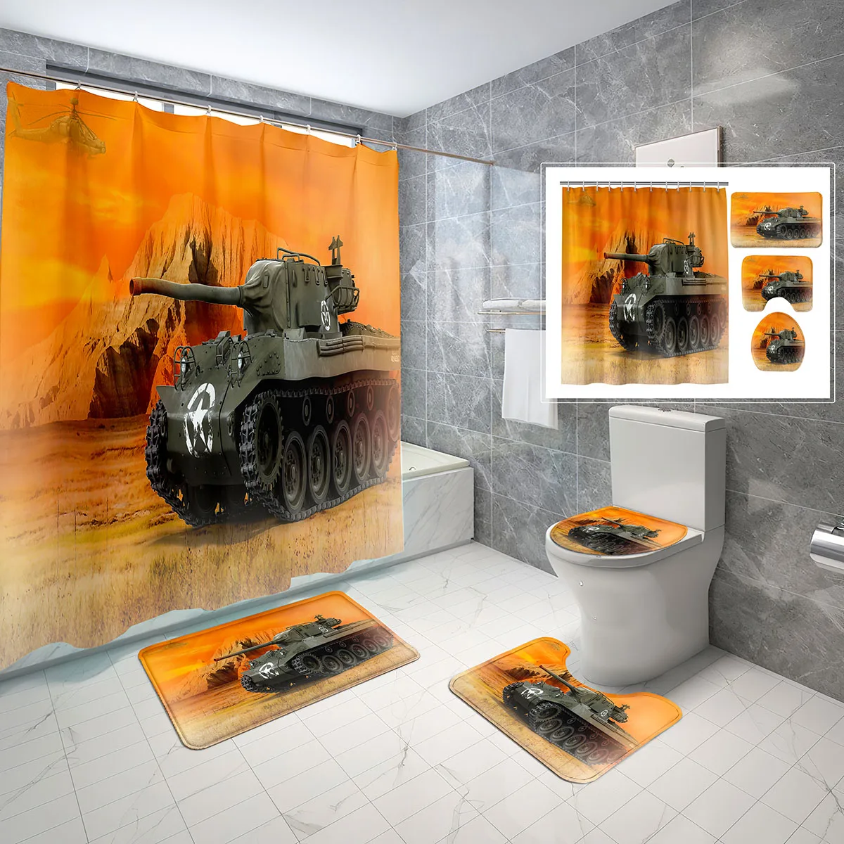 4 Pcs Tank Theme Shower Curtain Sets Battle Panzer War Terrain Non-slip ...