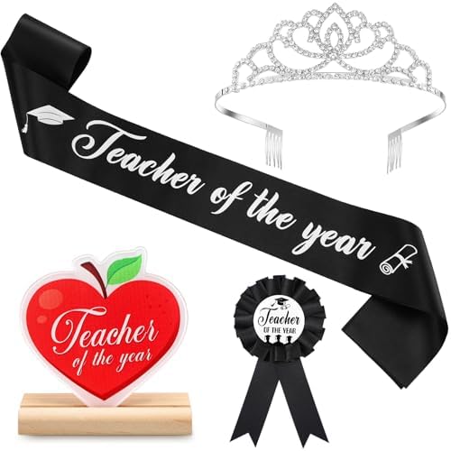 4 Pcs Teacher of The Year Gifts Graduation Crown Sash Badge Keepsake ...