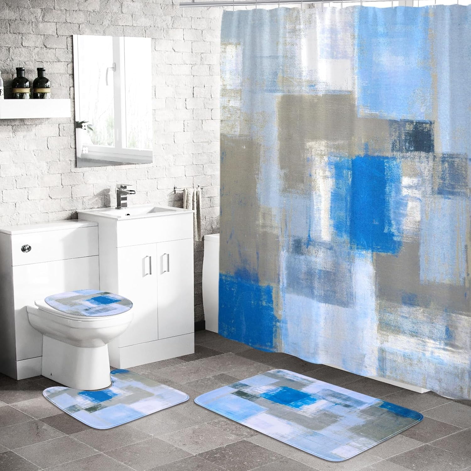 4 Pcs Teal Blue Bathroom Sets with Shower Curtain and Rugs, Turquoise ...