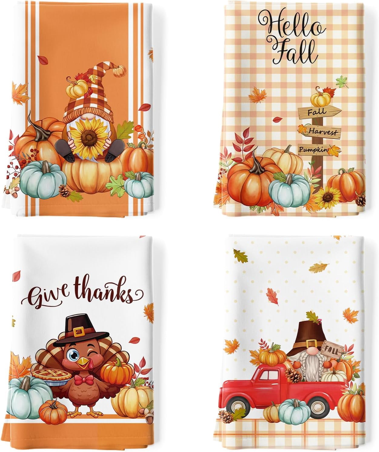 4 Pcs Thanksgiving Turkey Kitchen Towel 100% Cotton Fall Pumpkin ...