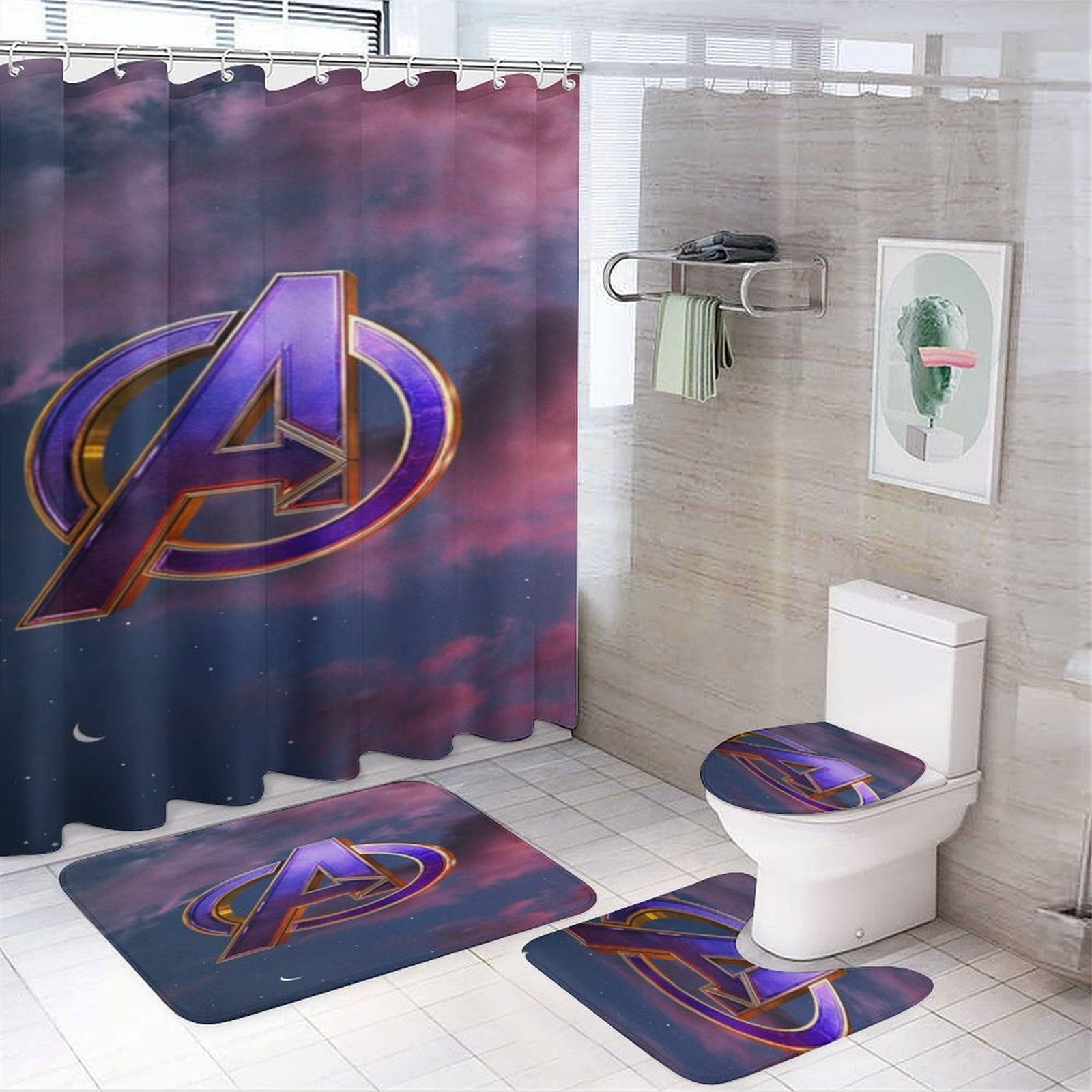 4 Pcs The Avengers Bathroom Set with Shower Curtain with Non-Slip Rugs ...