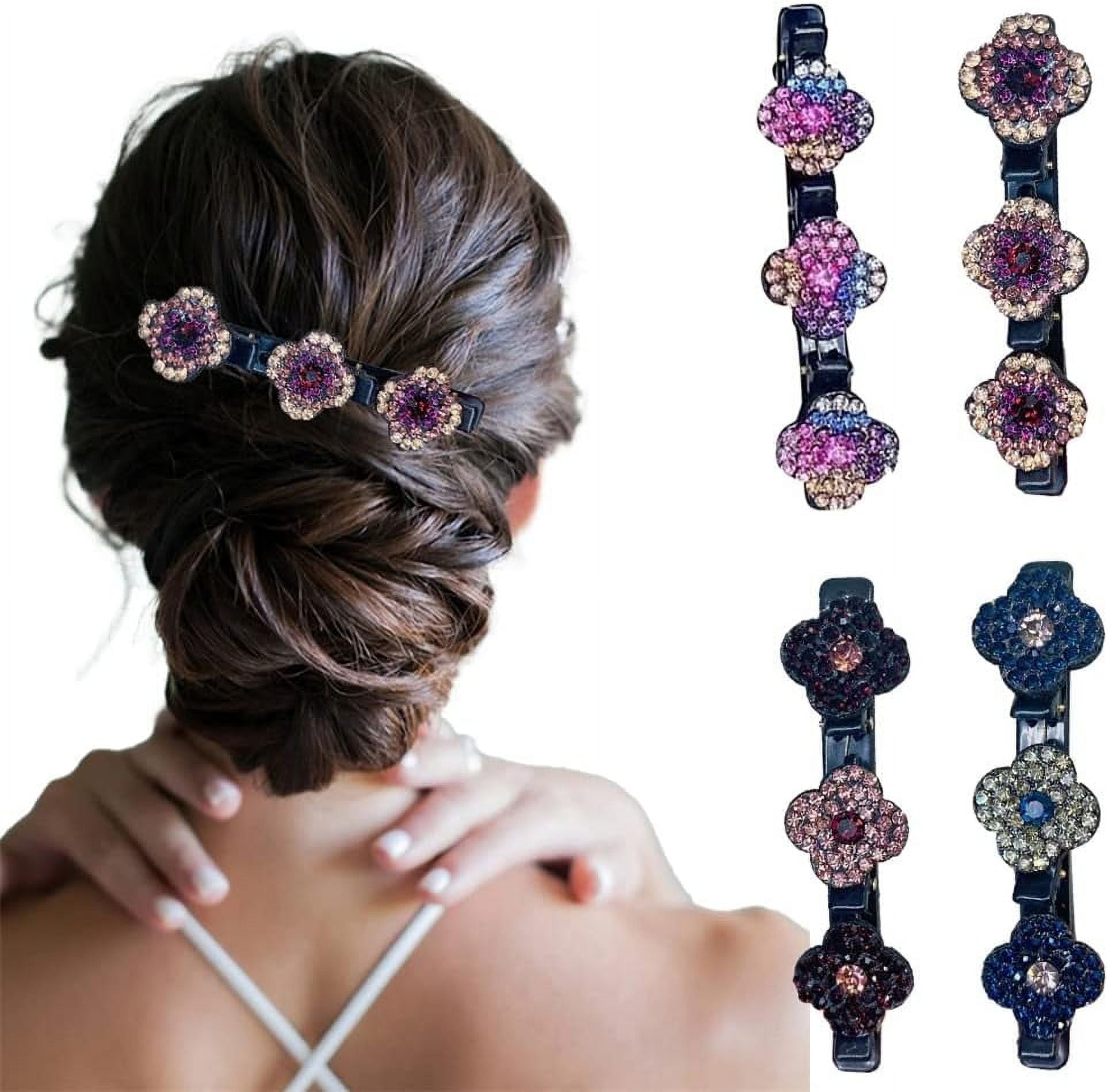 4 Pcs Three Flower Side Hair Clip, Crystal Flower Braided Hair Clips ...