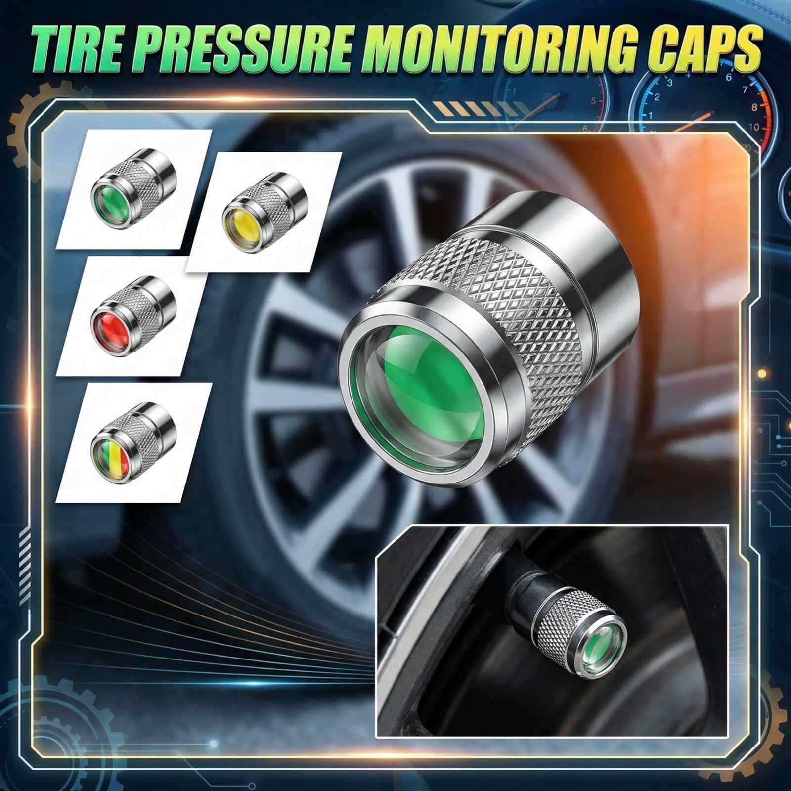 4 Pcs Tire Pressure Monitor Stem Caps, 3-Color Eye Alert Car Tire ...