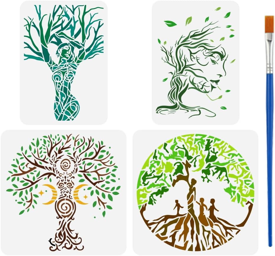 4 Pcs Tree of Life Drawing Stencil with A Paint Brush 2 Size Goddess ...