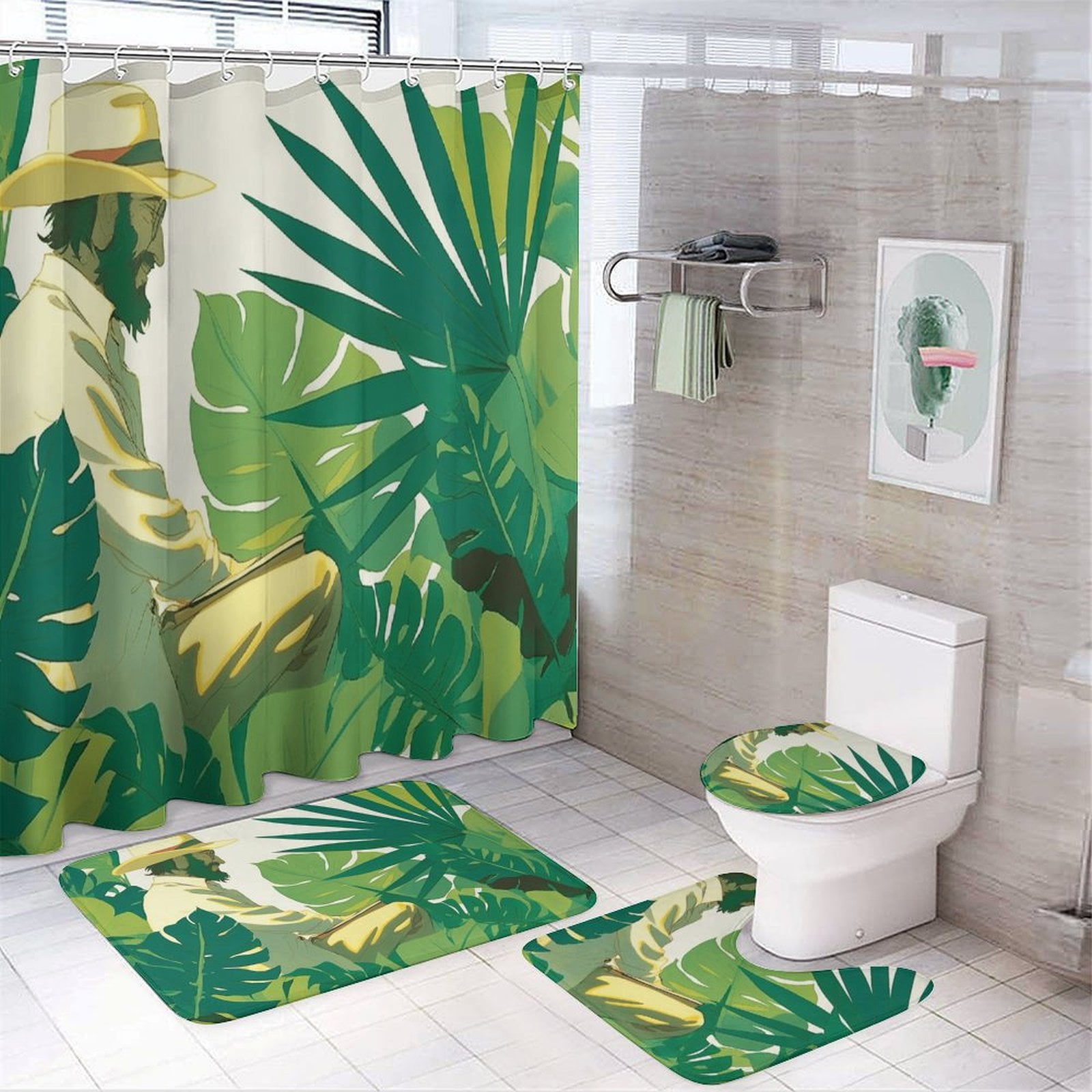4 Pcs Tropical Leaves Shower Curtain Set with Non-Slip Rugs Bathroom ...