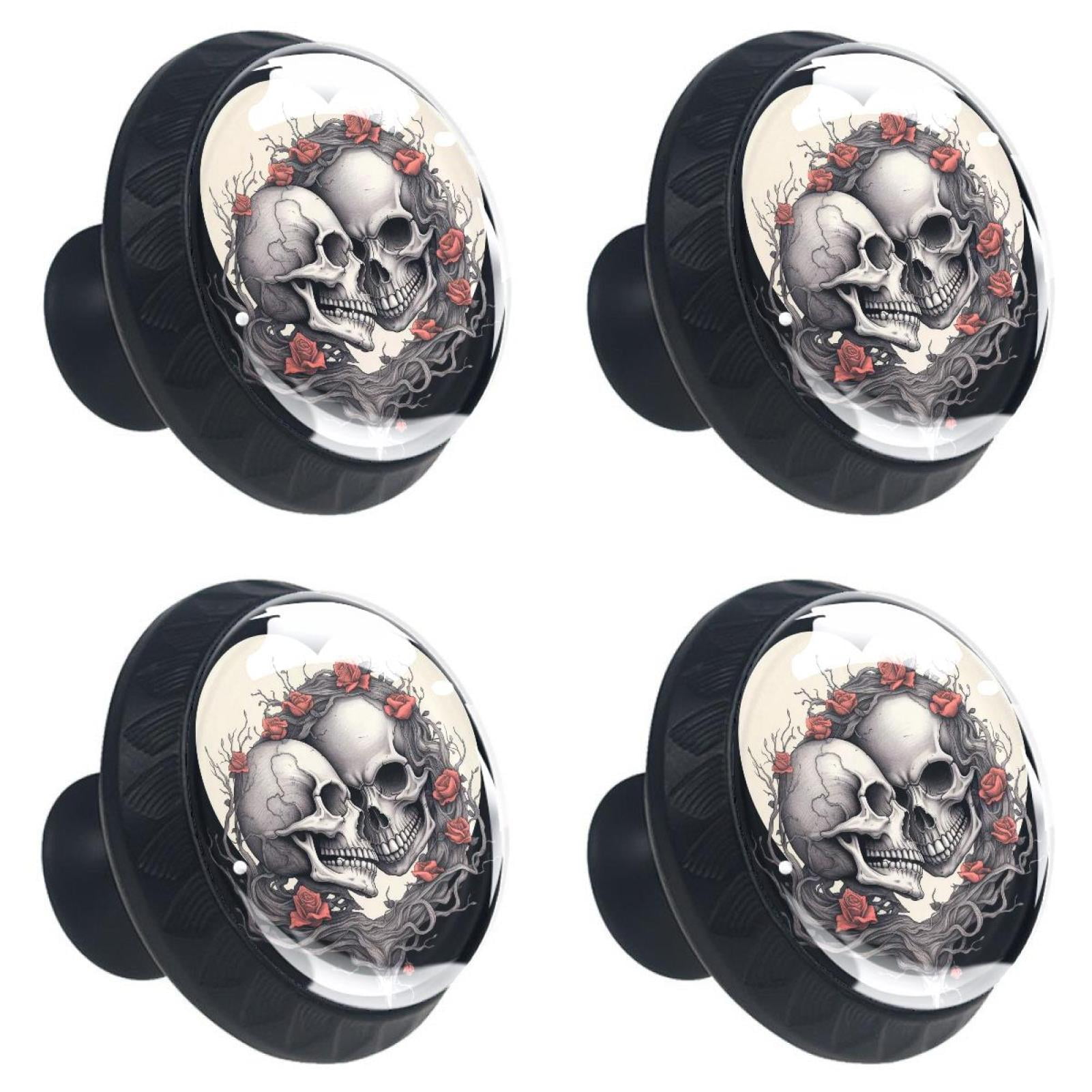 4 Pcs Two Skull Head with Heart Print Cabinet Knobs 30mm Round Crystal ...