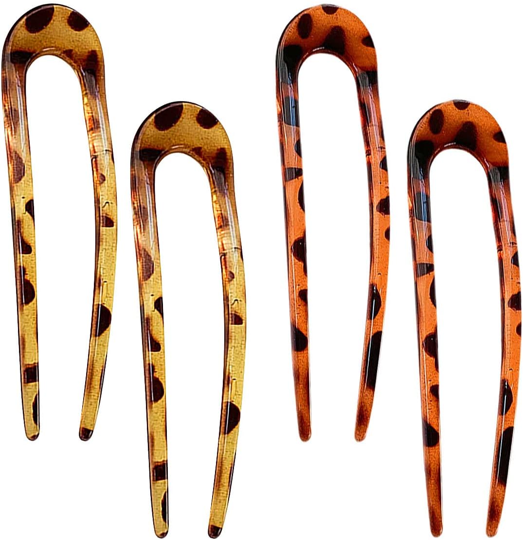 4 Pcs U-Shaped Hairpins Leopard Print French Style Acetate Tortoise ...