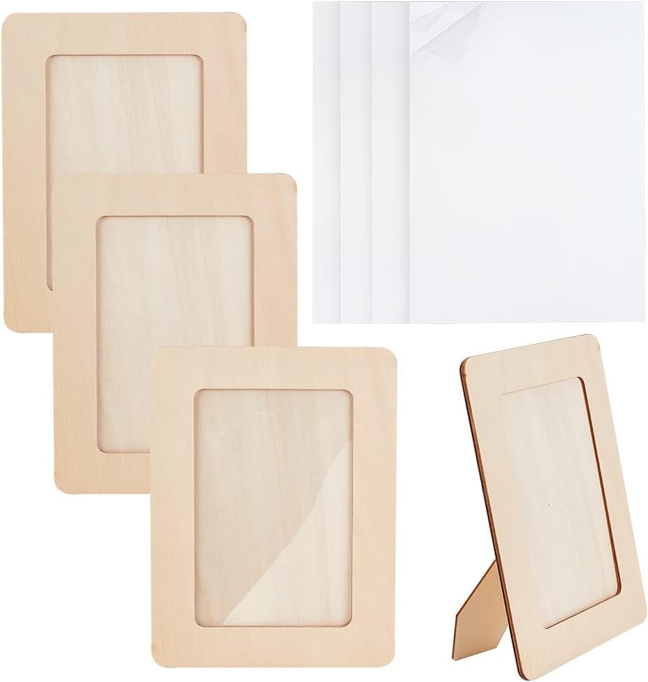 4 Pcs Unfinished Wooden Picture Frame Rectangular 8.3 x 6.3 Craft Frames Set Natural Wood DIY Photo Frames for Tabletop Display and Crafts DIY