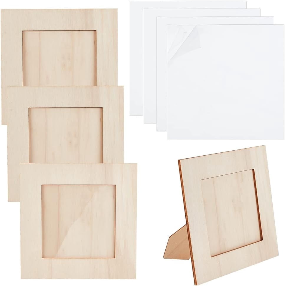 4 Pcs Unfinished Wooden Picture Frame Square 6.3" x 6.3" Craft Frames ...