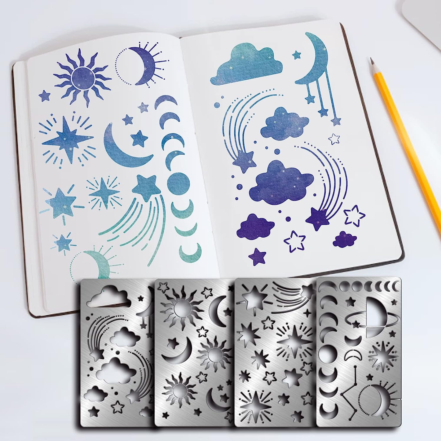 4 Pcs Universe Space Theme Metal Stencils Template (Sun Moon Stars ...