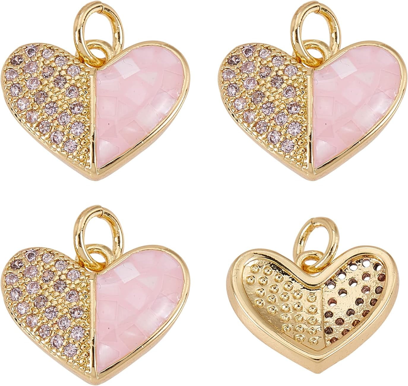 4 Pcs Valentine's Day Charm Heart Brass Charm Pink Cubic Zirconia Heart ...