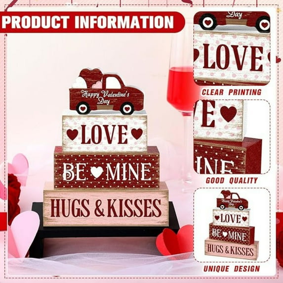 4 Pcs Valentine's Day Decorations Wooden Heart Blocks Signs Truck HUG ...