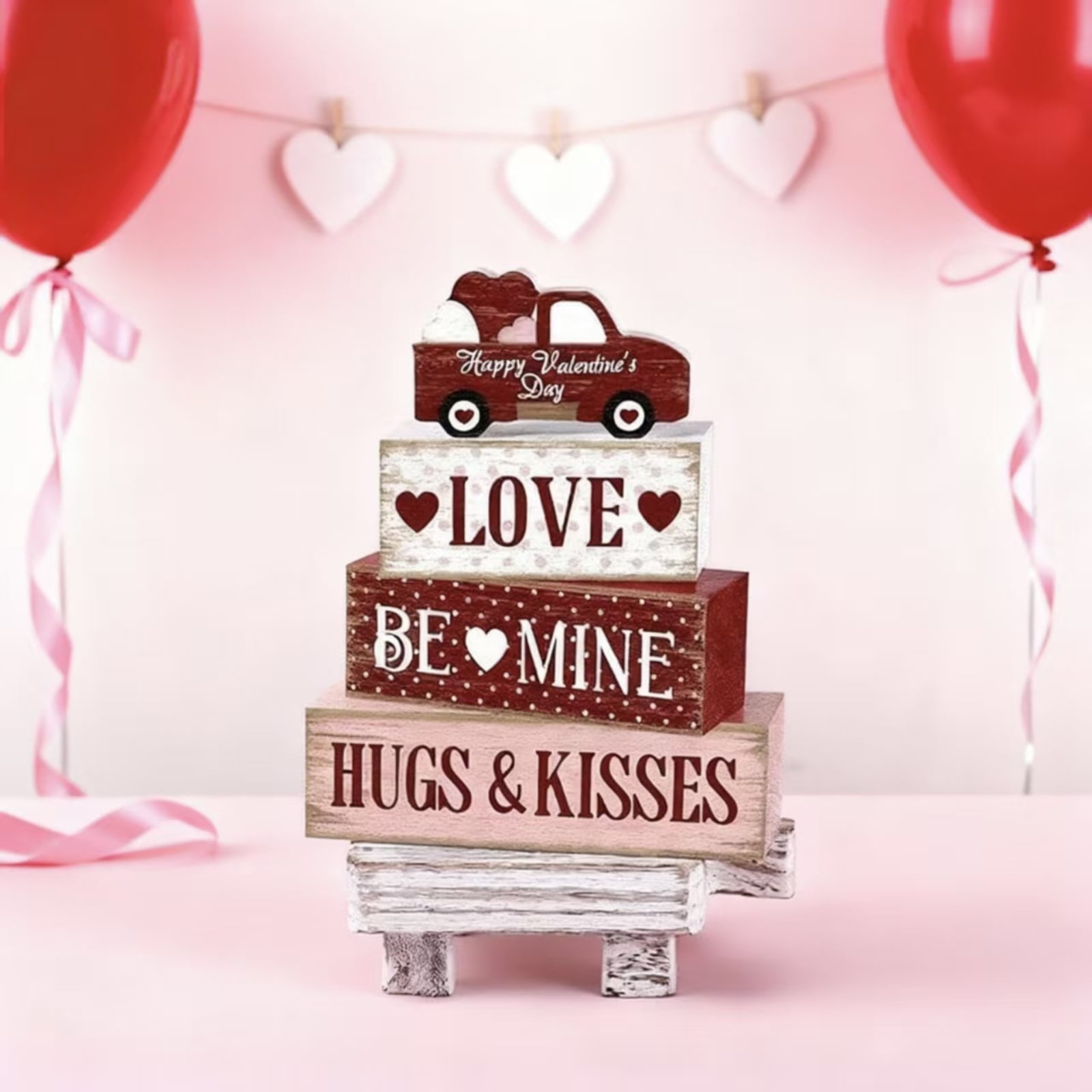 4 Pcs Valentine's Day Wooden Book Stack Decorations, Heart Truck HUG ...