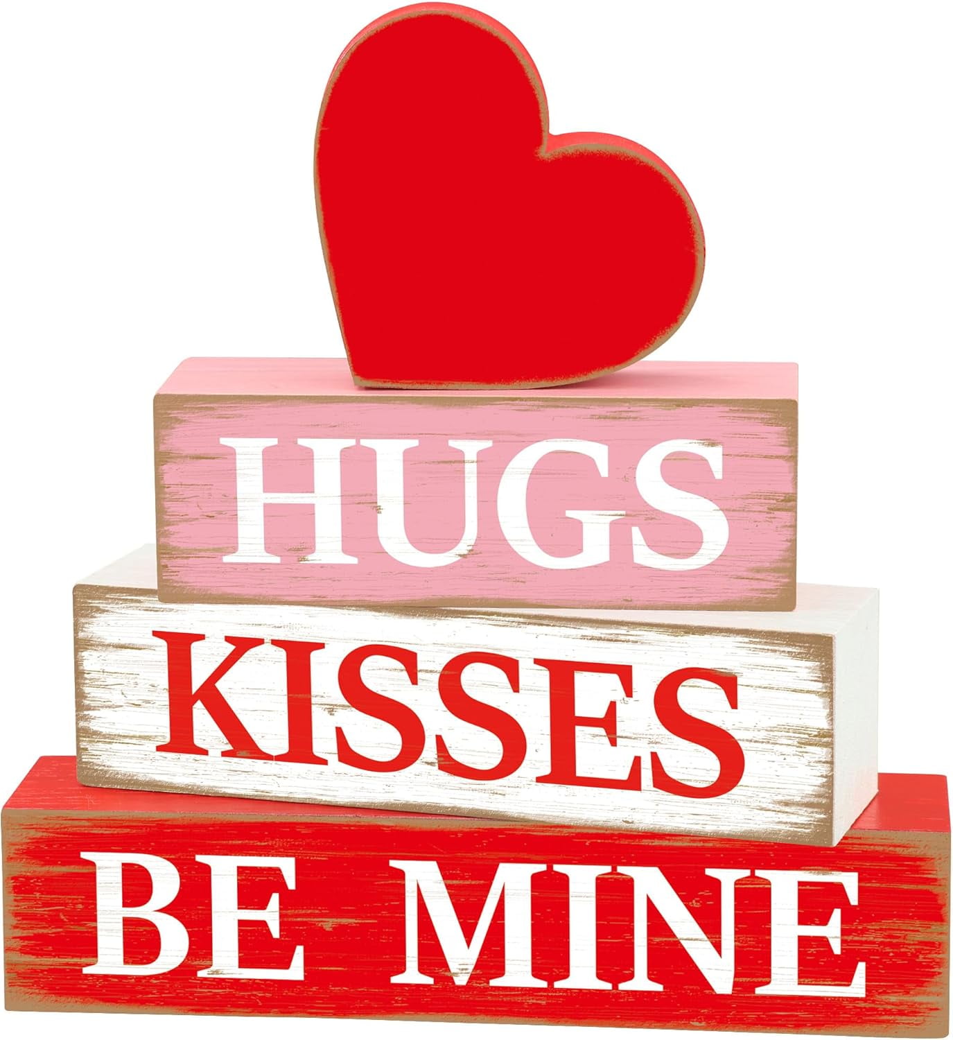 4 Pcs Valentines Day Wooden Signs Heart Table Block Sign Hugs Kisses ...