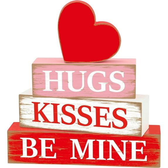 4 Pcs Valentines Day Wooden Signs Heart Table Block Sign Hugs Kisses ...