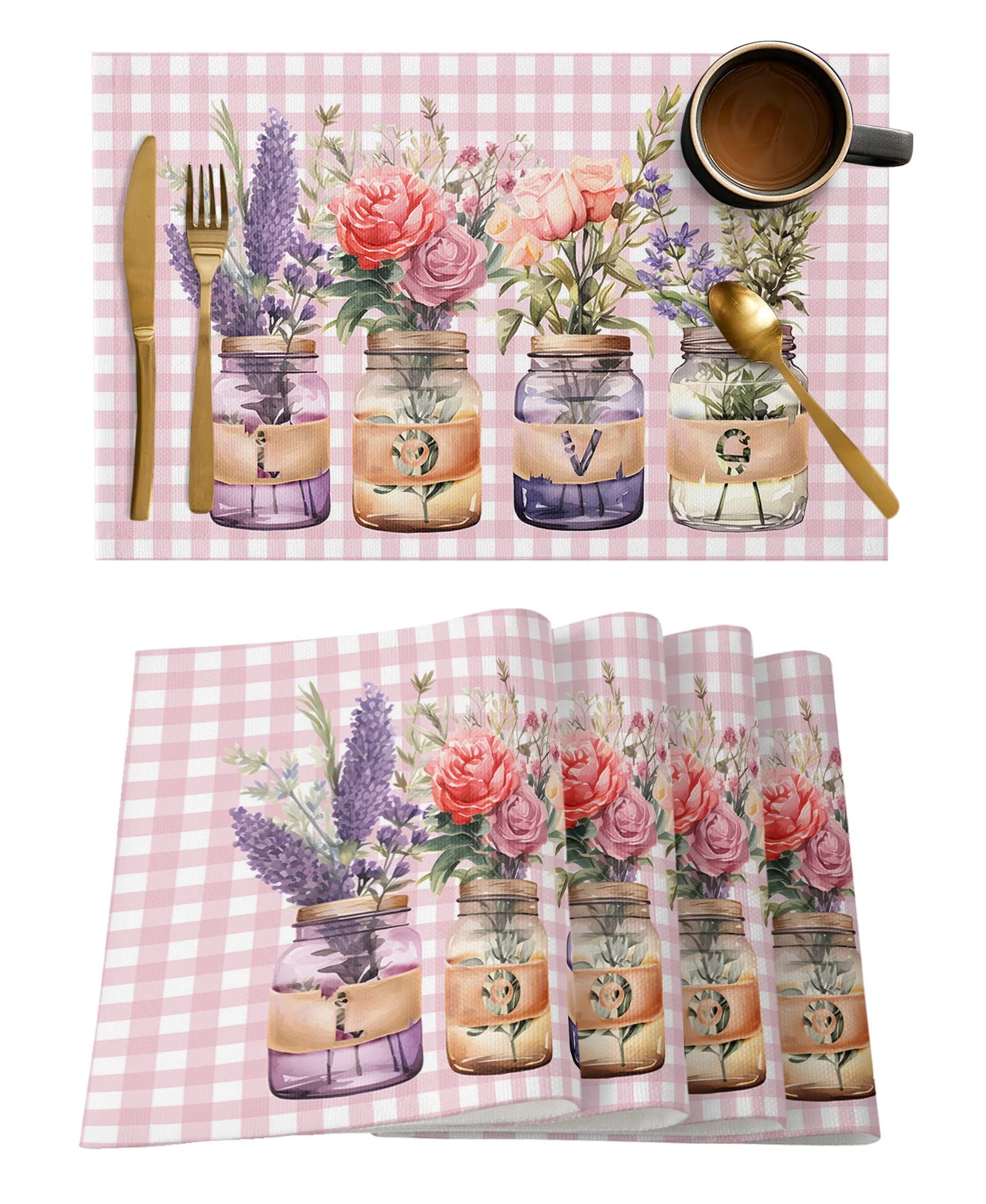 4 Pcs Valtine'S Day Floral Plaid Kitch Placemat Dining Table r Table ...